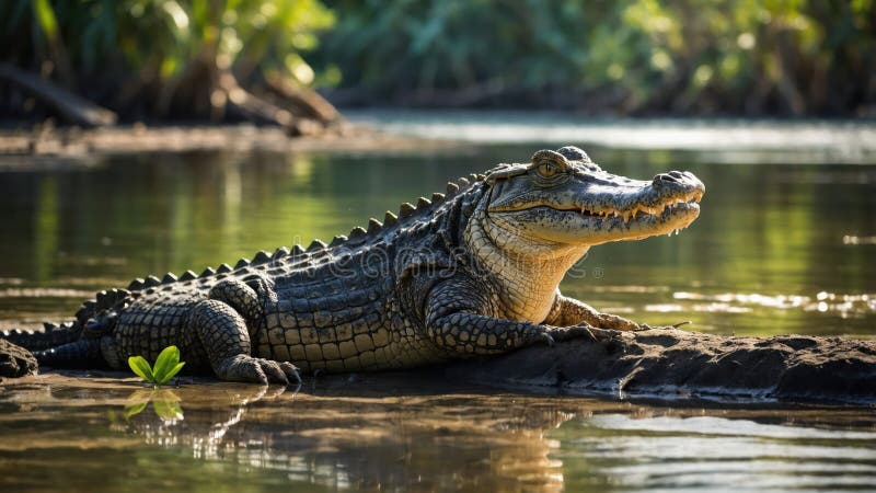 A Crocodile Resting on the Riverbank in a Lush, Natural Environment ...