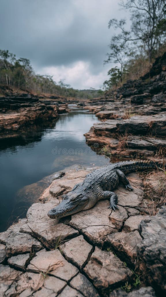 Crocodile Resting on Rocks by a River Stock Illustration - Illustration ...