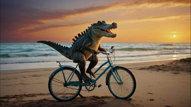 Crocodile Riding a Bicycle on a Beach Stock Illustration - Illustration ...