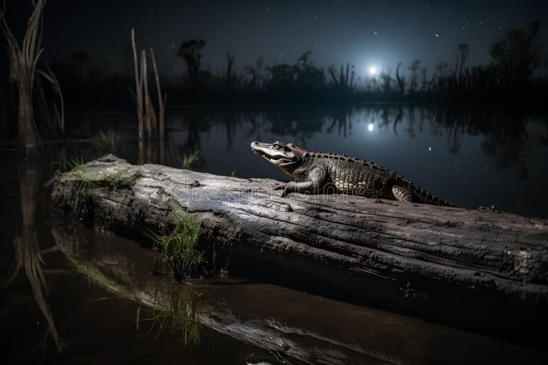 Crocodile Sitting on a Log in the Swamp at Night Stock Illustration ...