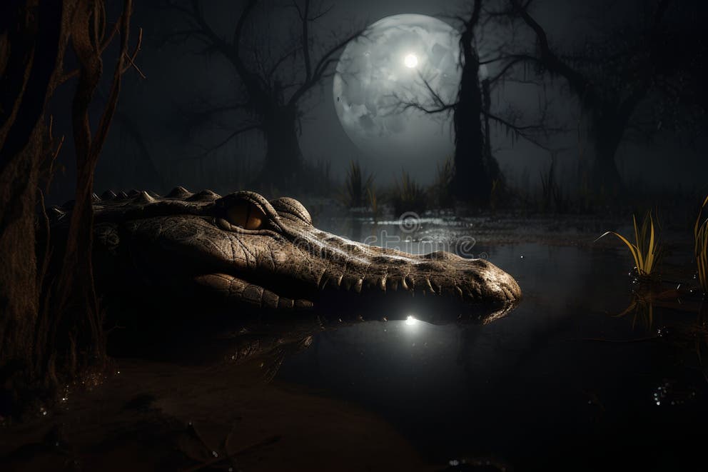 Crocodile in the Swamp at Night. 3D Rendering Stock Illustration ...