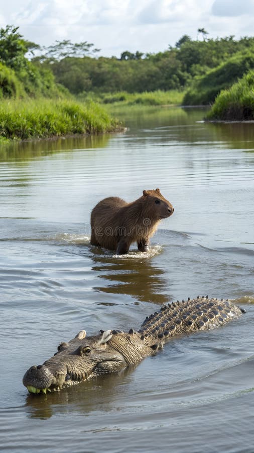 A Crocodile is Swimming in the River and a Capybara is Standing on the ...