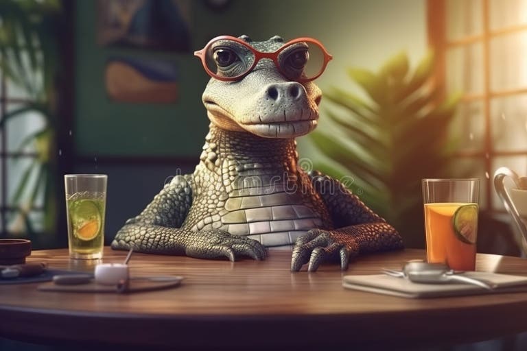A Crocodile at a Table with Sunglasses and Drinks, Created with ...