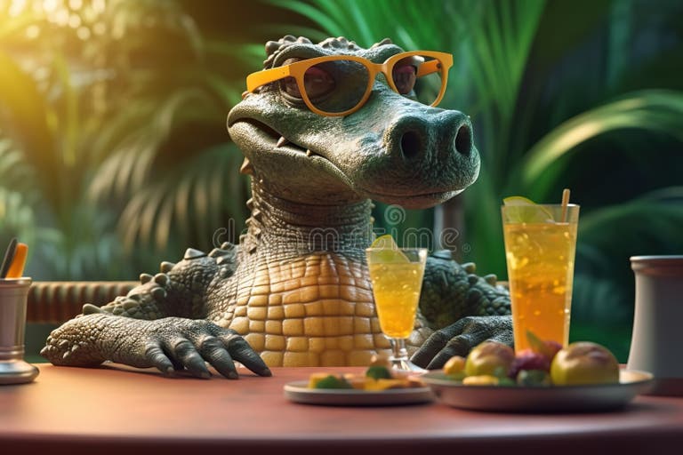 A Crocodile at a Table with Sunglasses and Drinks, Created with ...