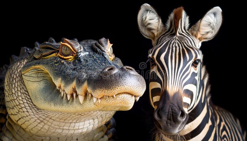 Crocodile and Zebra a Striking Study in Contrast, Wildlife Portrait on ...
