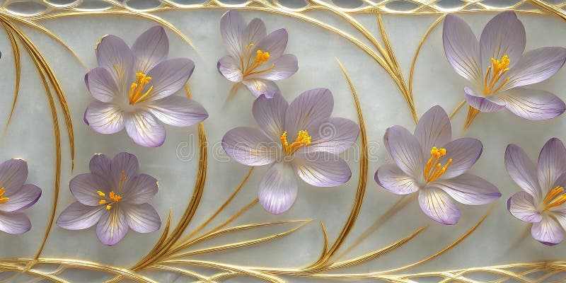 Crocus Blooms in Light Purple Tones are Framed by Elegant Golden ...