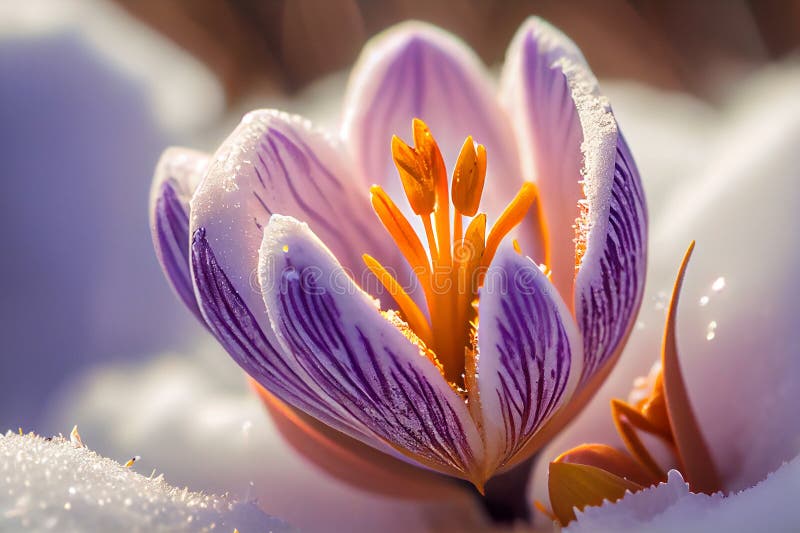 Crocus Bulb Blooming in Snow, First Spring Flower. Close Up Macro View ...
