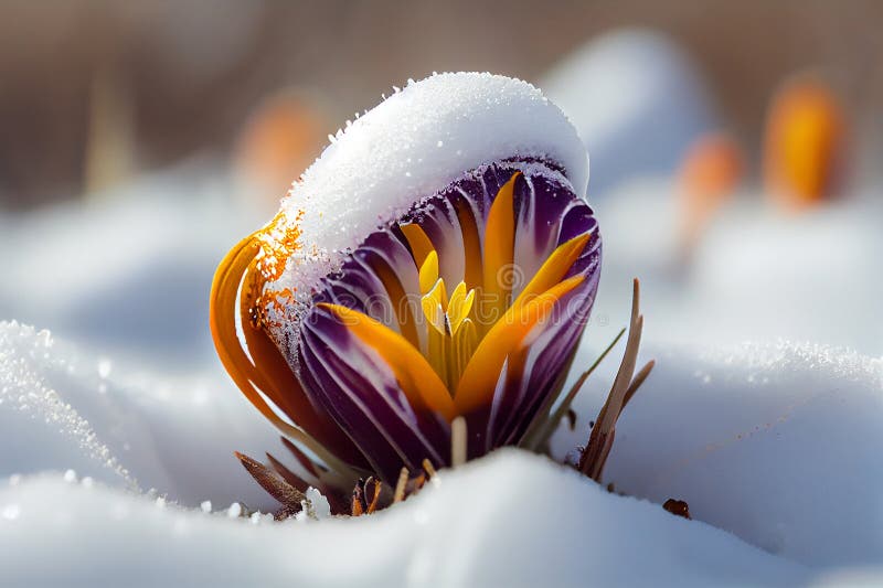 Crocus Bulb Blooming in Snow, First Spring Flower. Close Up Macro View ...