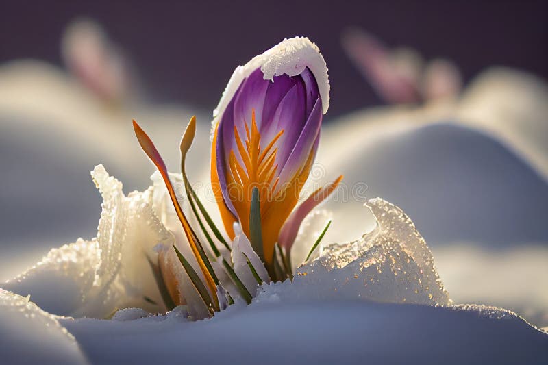 Crocus Bulb Blooming in Snow, First Spring Flower. Close Up Macro View ...