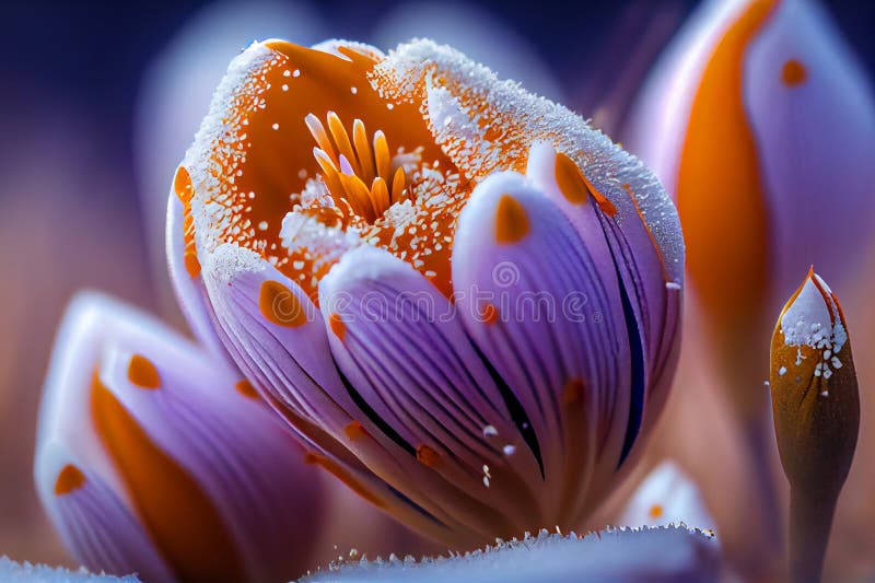 Crocus Bulb Blooming in Snow, First Spring Flower. Close Up Macro View ...