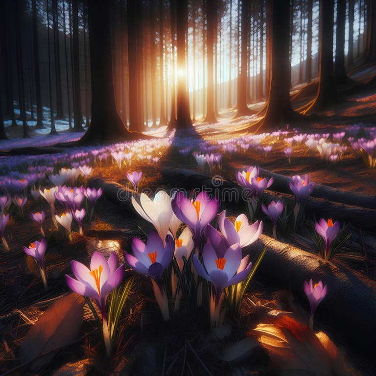 Crocus Flowers Against the Backdrop of Early Spring in a Clearing in ...