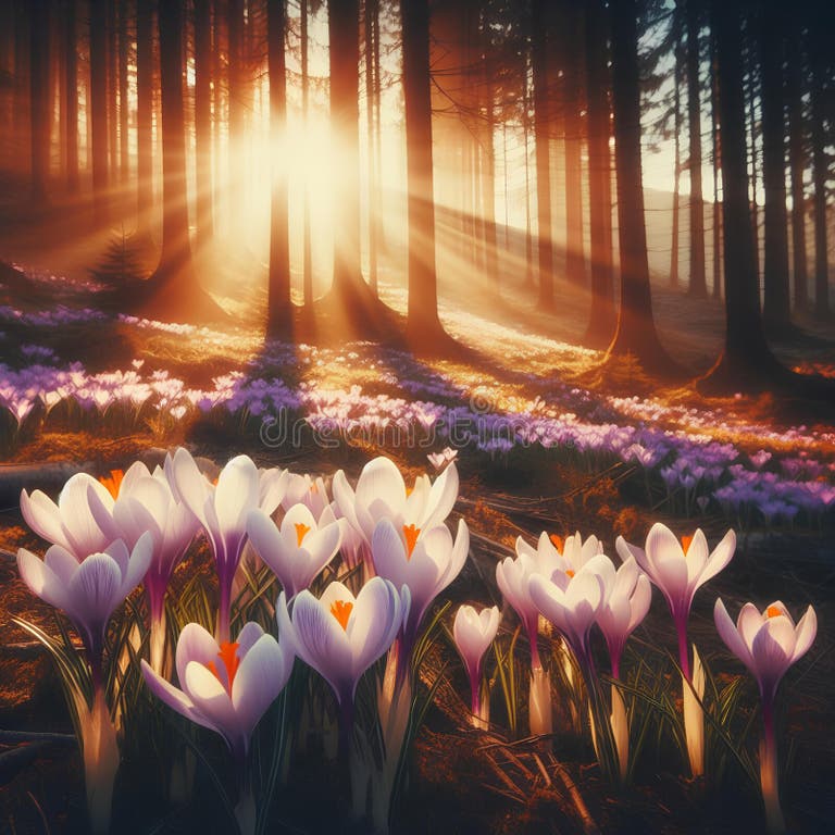 Crocus Flowers Against the Backdrop of Early Spring in a Clearing in ...