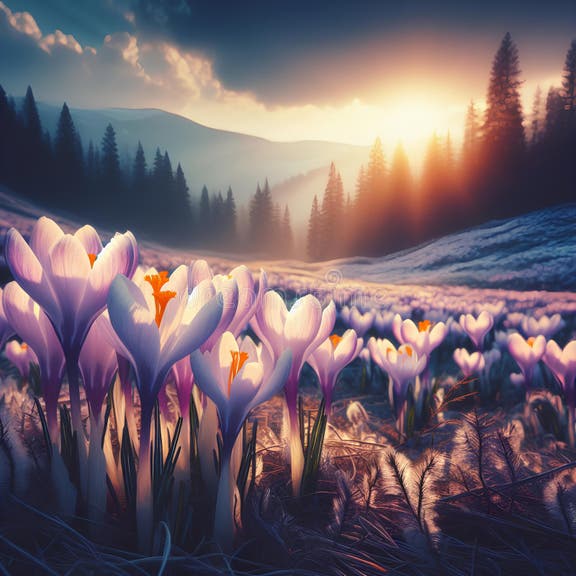 Crocus Flowers Against the Backdrop of Early Spring in a Clearing in ...