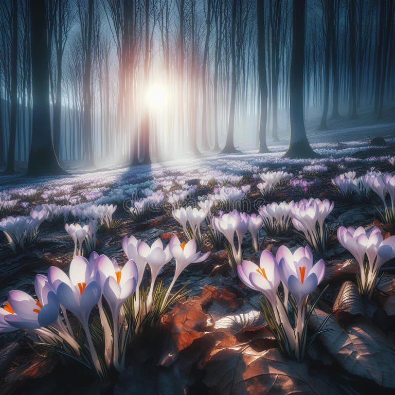 Crocus Flowers Against the Backdrop of Early Spring in a Clearing in ...