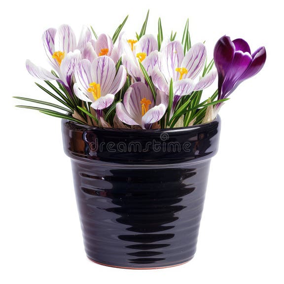 Crocus Flowers in a Black Pot. the First Flowers of Spring. Isolated on ...