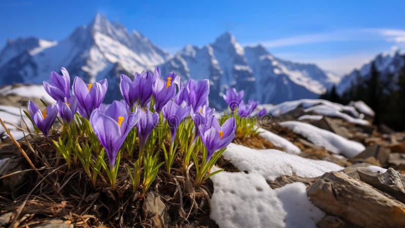 Crocus Flowers Heralding Spring on Snowy Mountain Slopes at Sunset ...
