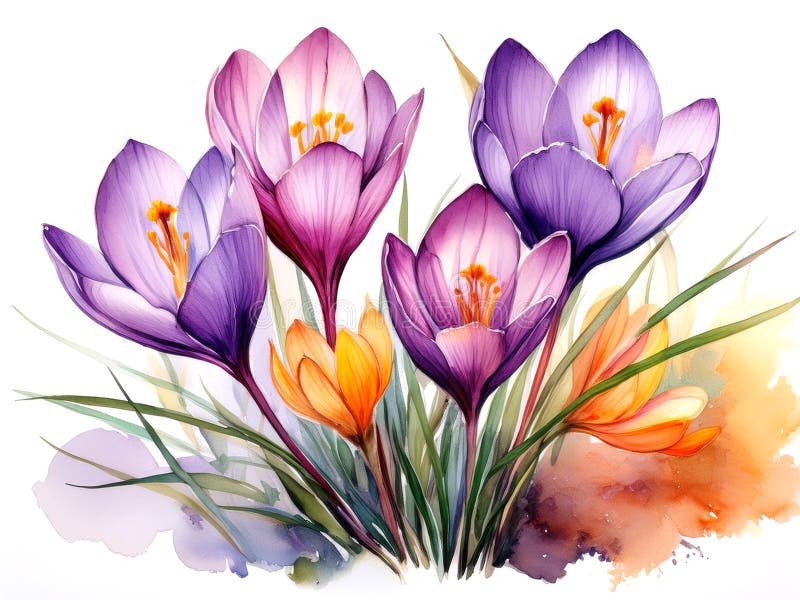 Crocus Flowers, Watercolor Illustration with White Background Stock ...