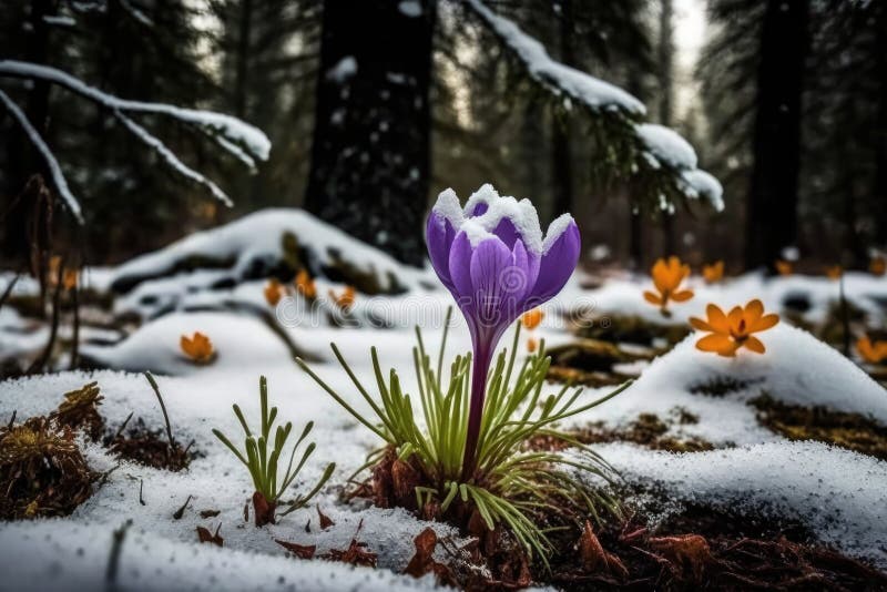 Crocus in a Wintery Forest Scene with Snow on the Ground Stock ...