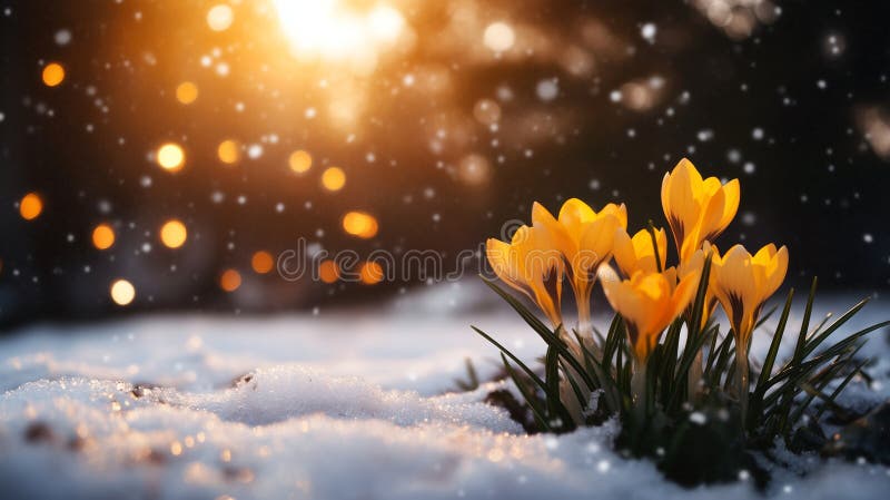 Crocuses in Snow. Yellow Crocus Flowers Growing in Snow Stock Image ...