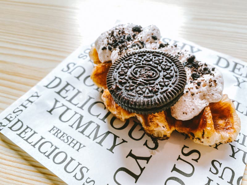 Croffle with Cookie and Cream on Top Stock Photo - Image of almond ...