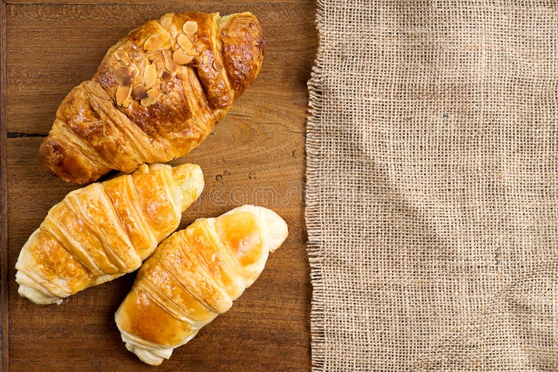 Croissant Bakery on Teak and Burlap Wood Table Top View Stock Image ...
