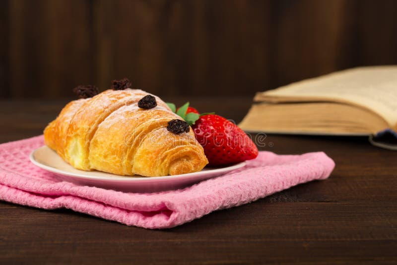 Croissant with Book in Coffee Shop Stock Image - Image of cappuccino ...