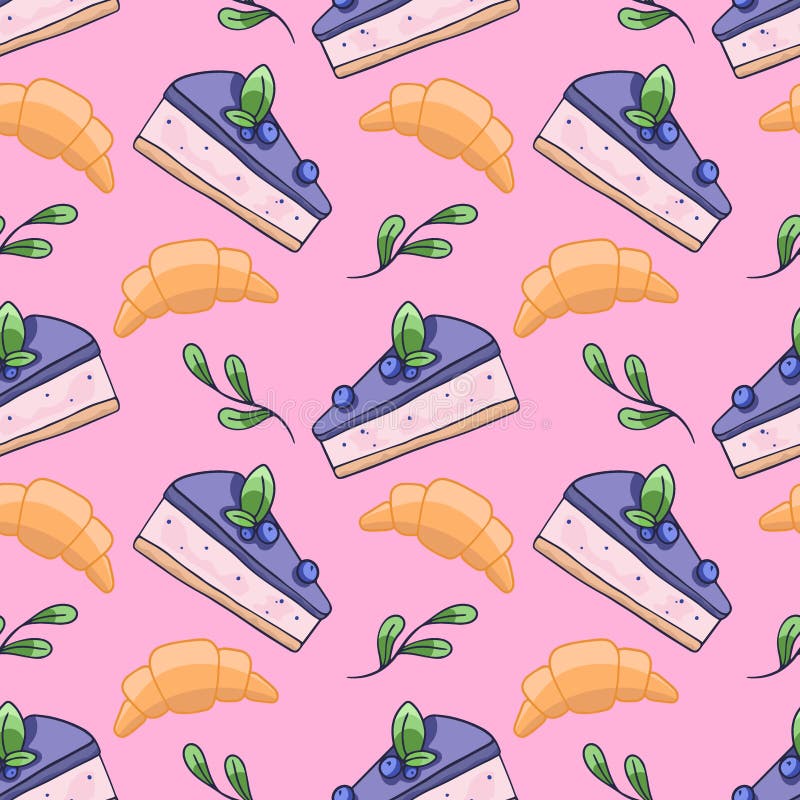 Croissant and Cake, Vector Seamless Pattern, Hand Drawing Stock Vector ...