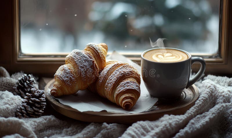 Croissant and Coffee, Cozy Winter Morning Concept Stock Illustration - Illustration of snack ...