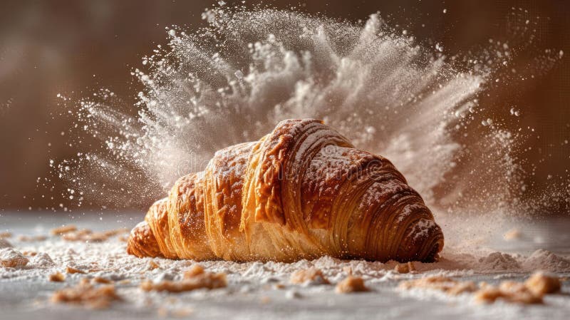 Delicious Golden Croissant with Powdered Sugar Explosion Stock ...