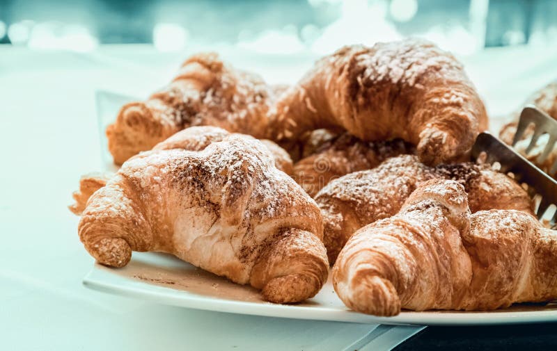 Croissant Fresh Bakery Pastry Over Light Blue Background. Stock Image ...