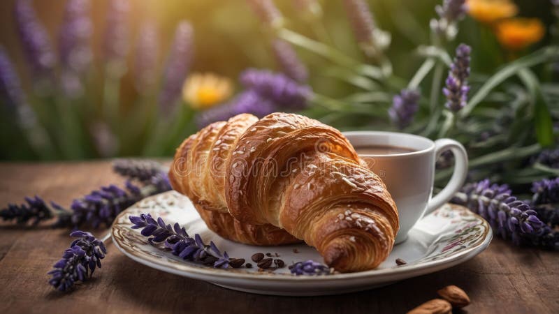 A Croissant on a Plate with a Cup of Coffee, Surrounded by Lavender ...
