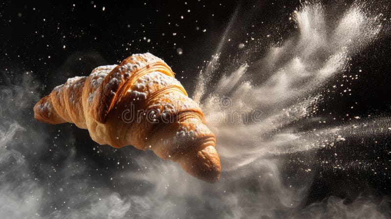 Croissant Soaring through a Cloud of Powdered Sugar with Dramatic Flair ...