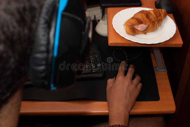 Croissant Stuffed with Ham and Melted Cheese and Young People Playing ...