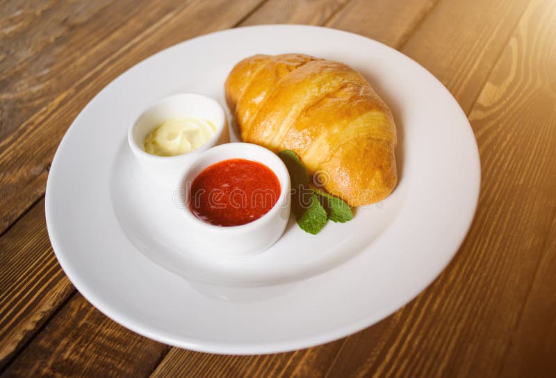 Croissant on the Wooden Table Stock Photo - Image of snack, bakery ...
