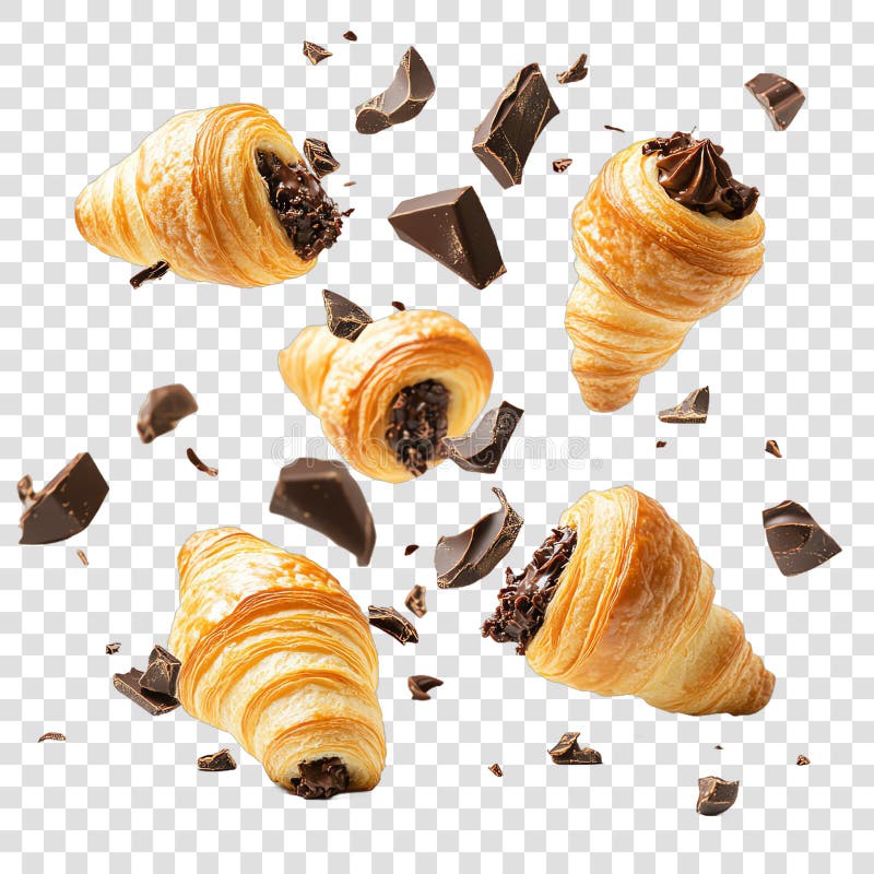Croissants Fresh Falling in the Air with Chocolate Stock Photo ...
