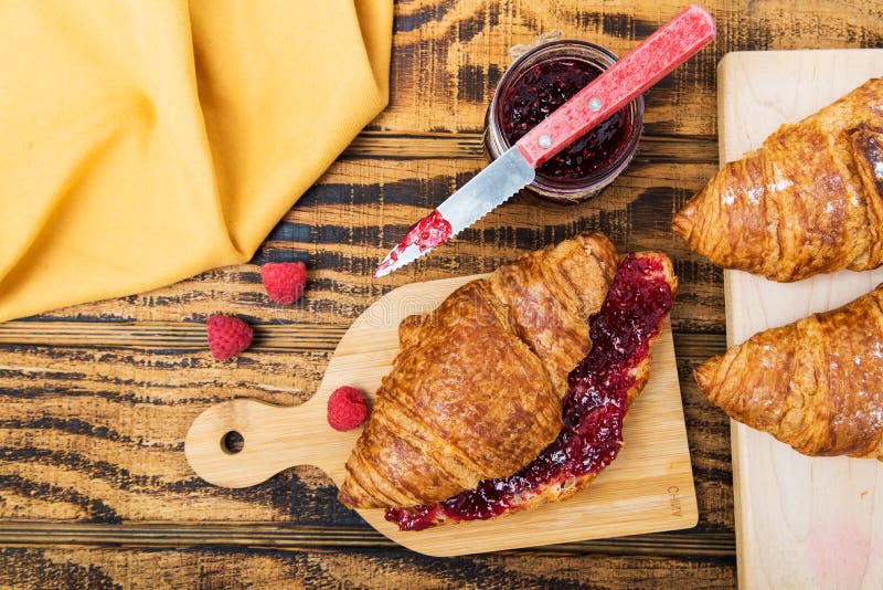 Croissants with Raspberry Jam Rustic Style Stock Photo - Image of ...