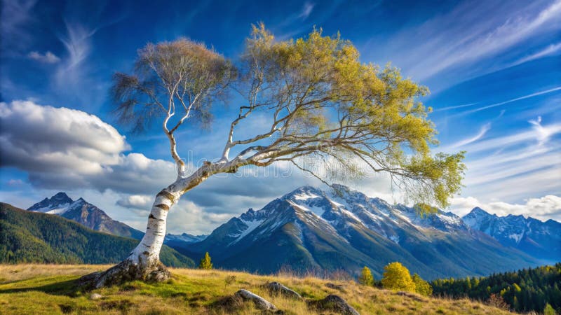 A Crooked Birch Tree with Smooth White Bark, Thin Branches Swaying in ...