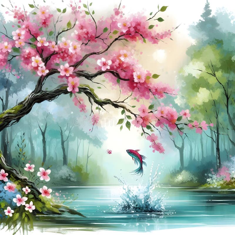 A Crooked Pink Blossom Tree by the Lake while a Fish Splashing Up the ...
