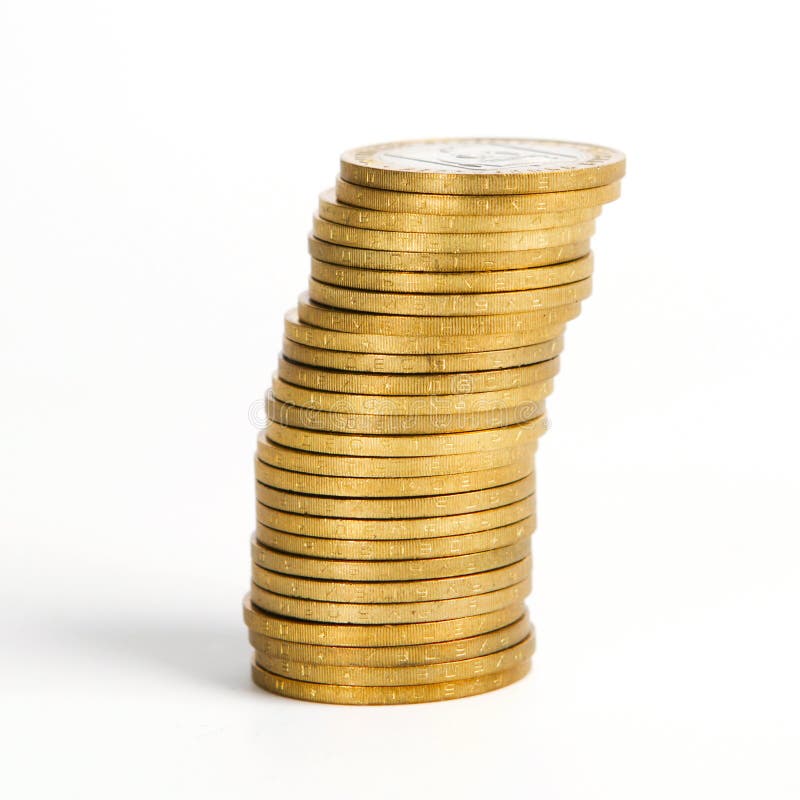 Crooked Stack of Shiny Gold Coins Isolated Stock Image - Image of ...