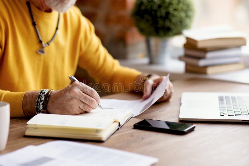 Crop Aged Freelancer Making Notes Stock Image - Image of memo, office ...