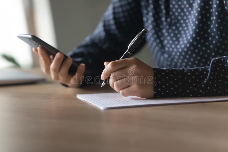 Close Up of Woman Make Notes Using Modern Smartphone Stock Image ...