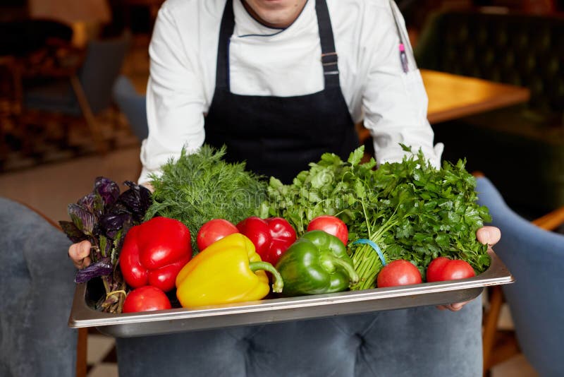 Crop Cook with Assorted Vegetables on Tray in Restaurant Stock Image ...