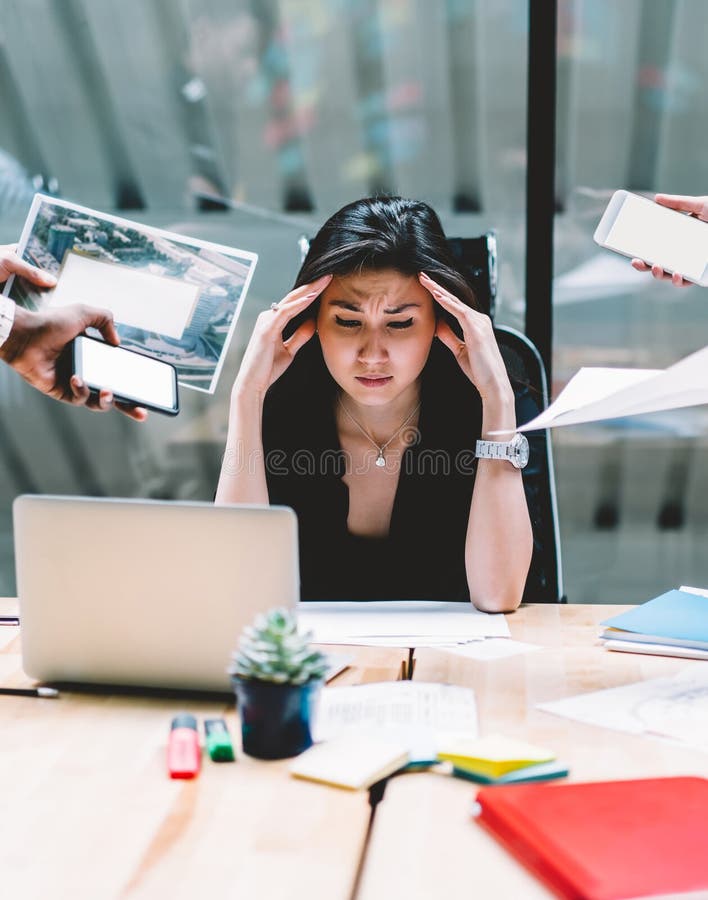 Crop Employees Claiming Attention of Stressed Asian Boss Stock Photo ...