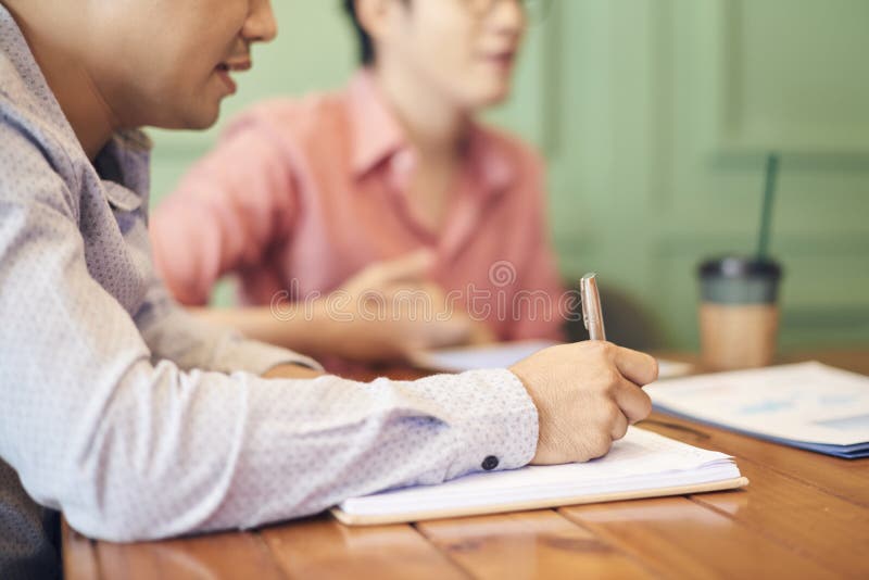 Crop Man Writing in Notepad Stock Image - Image of information ...