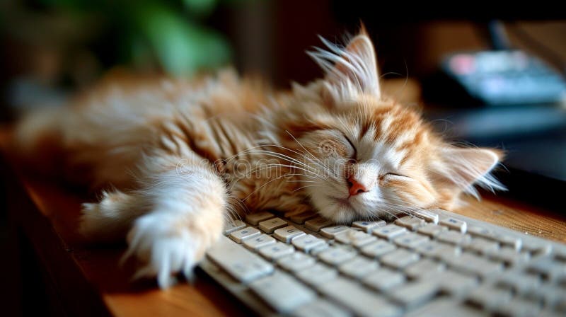 Crop View of Computer Keyboard on Which Red Fluffy Kitten Sleeps, Photo with Selective Focus ...