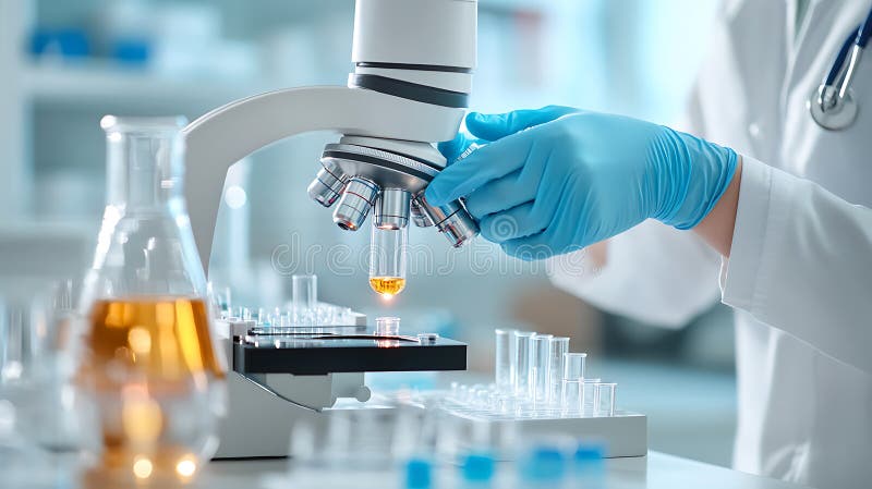 Crop View of Hand of Researcher in Blue Rubber Gloves Using Medical ...