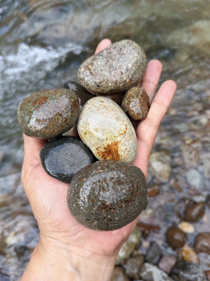 Croping Hand Holding Rock with River View Stock Image - Image of view ...