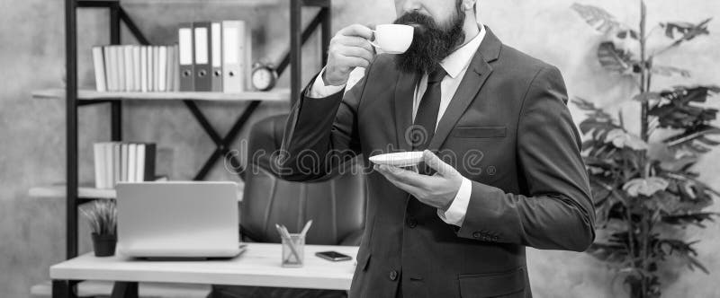 Cropped Bearded Business Man Drinking Coffee in the Office with Copy ...