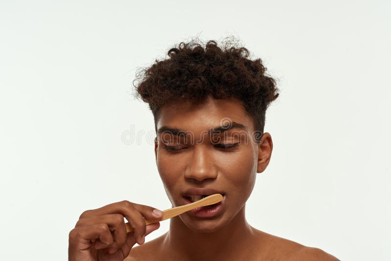 Cropped of Black Guy Brush Teeth with Toothpaste Stock Photo - Image of ...