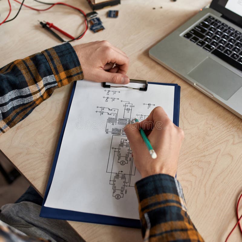 Cropped Top of it Engineer Write Technical Scheme Stock Image - Image ...